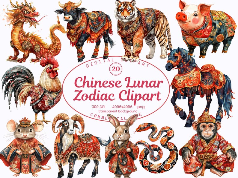 Chinese Zodiac Clipart Collection, Lunar New Year Animals & Decorative ...