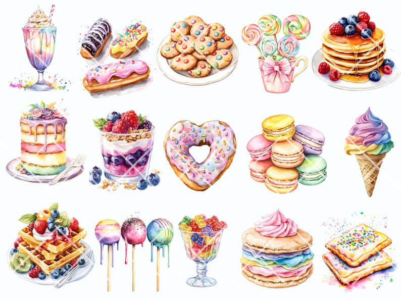 Pastel Rainbow Desserts Clip Art Collection, Sweet Treats 30 PNG ...