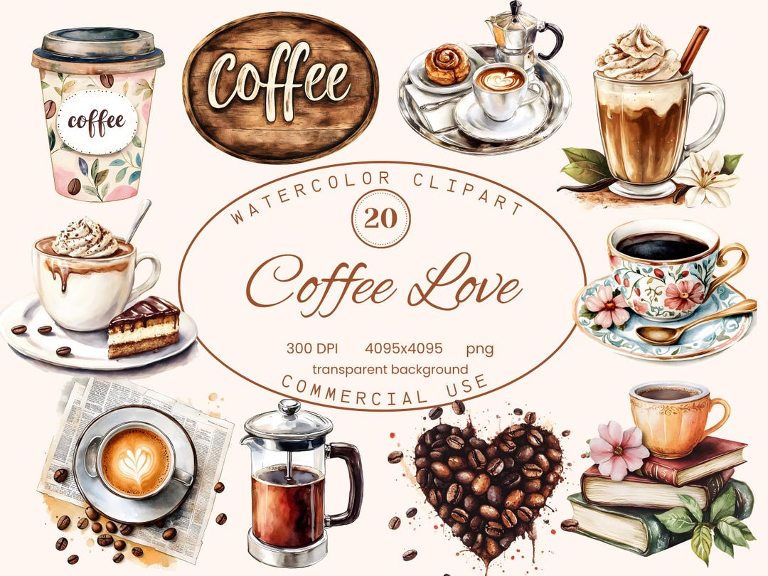 Coffee Love Clipart Collection, Rustic 20 PNG Illustrations, Coffee ...