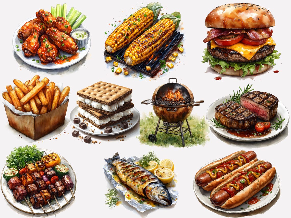 BBQ Grill Party Clipart Collection, Watercolor Food 20 PNG ...
