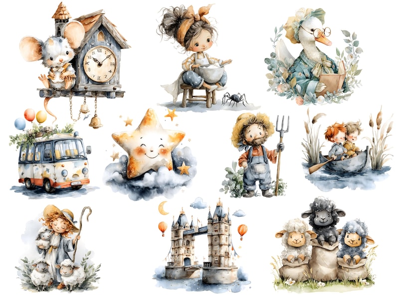 Nursery Rhymes Clipart Collection, Watercolor Storybook Illustrations ...