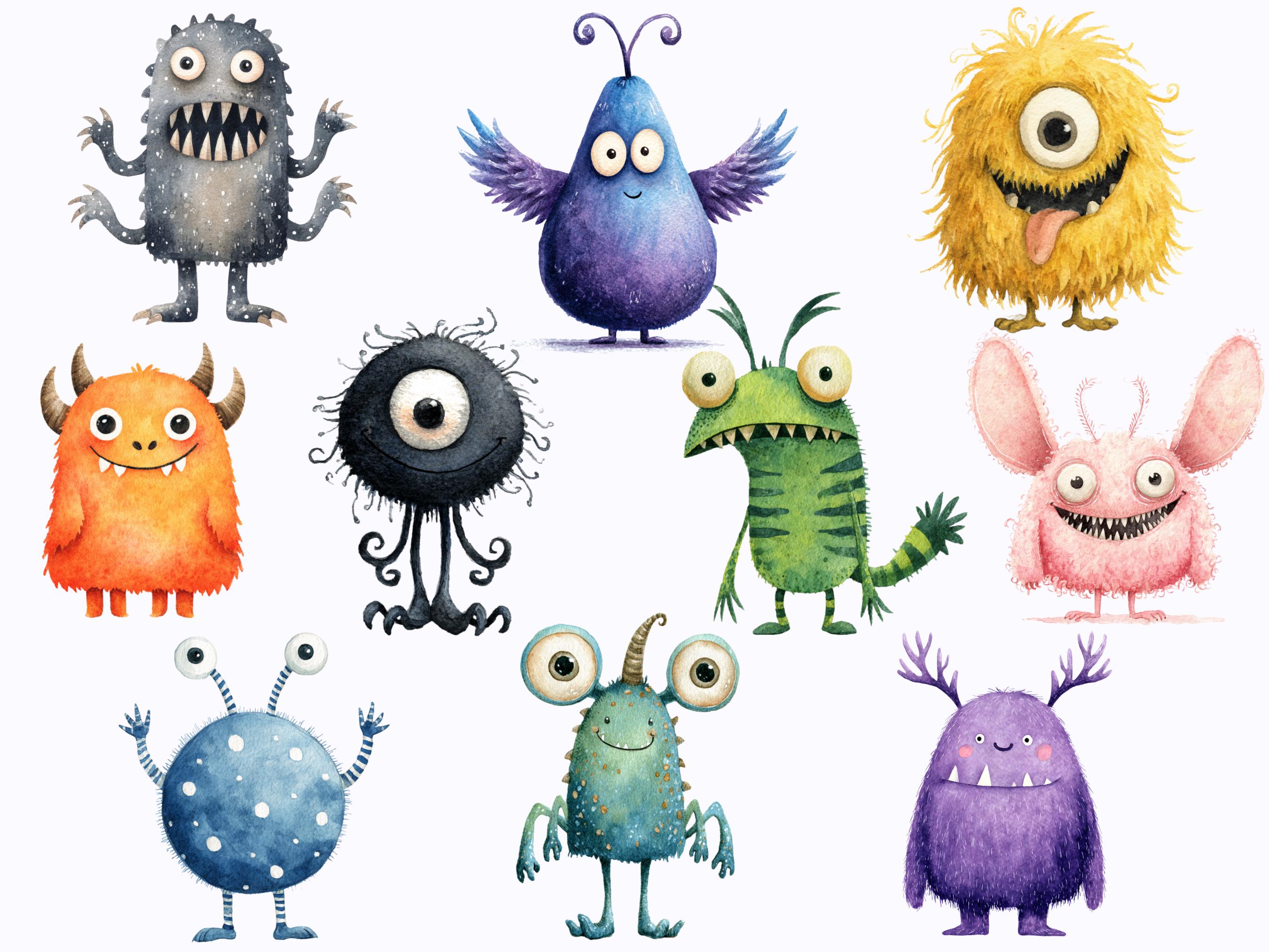 Cute Little Monsters Clipart Collection, Whimsical Watercolor Creatures ...