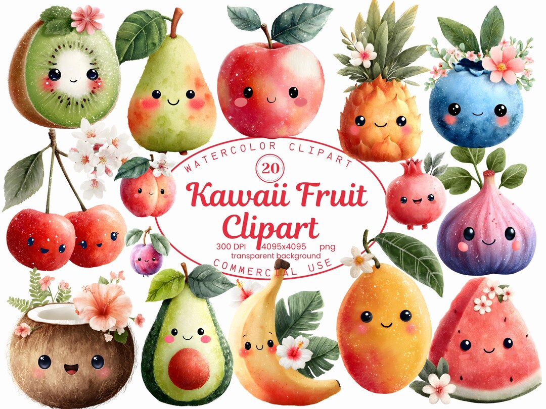 Kawaii Fruit Clipart Collection, Watercolor Cute Fruit 20 PNG ...