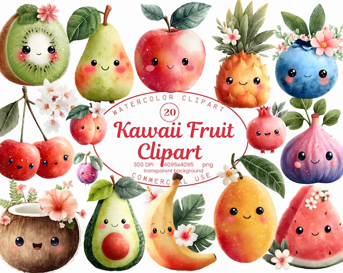 40 Kawaii Fruit Watercolor Clipart Sublimation Bundle PNG Commercial ...