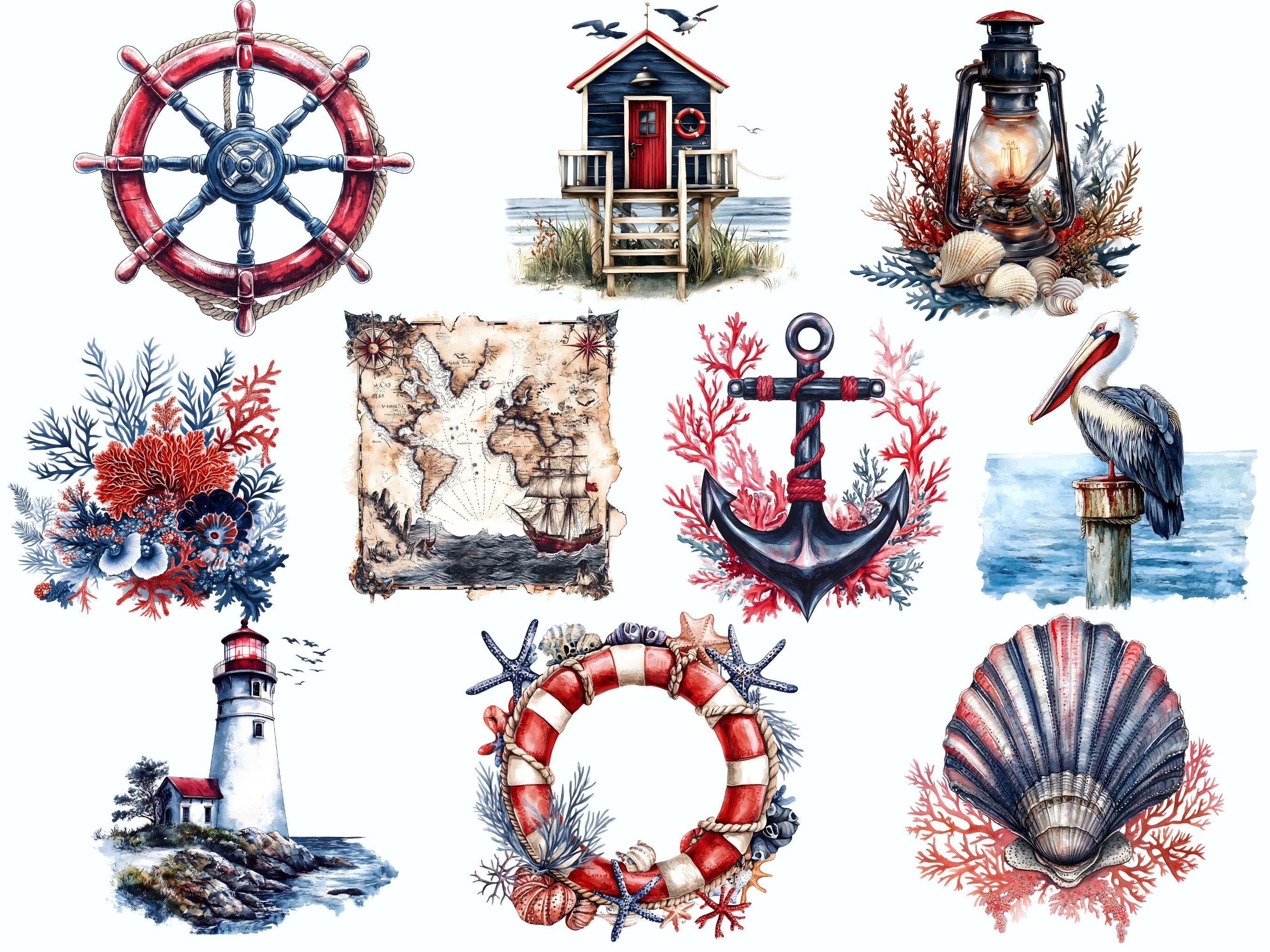 Nautical Clip Art Collection, Vintage Sea Side 20 PNG Illustrations ...