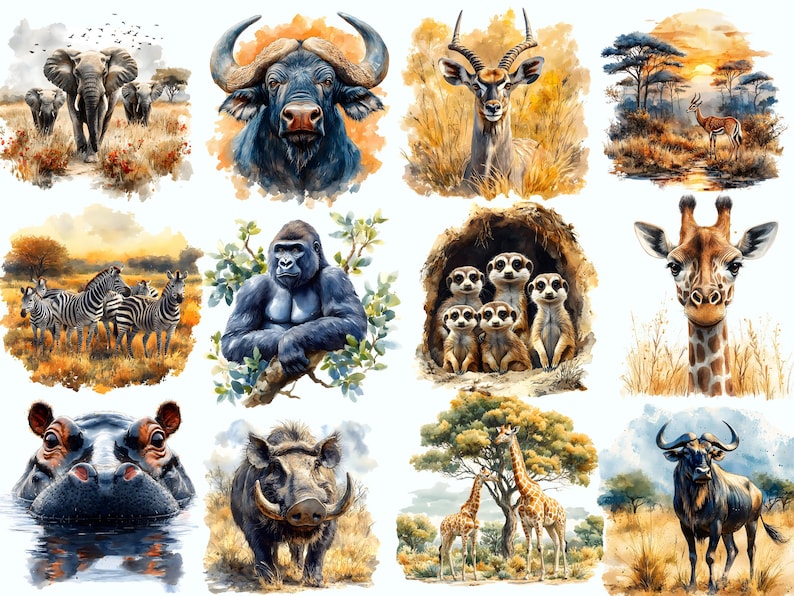 African Safari Animals Clipart Collection, Watercolor Jungle Wildlife ...