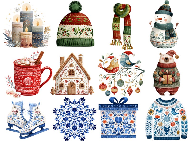 Folk Christmas Clipart Collection, Whimsical Nordic Inspired Holiday ...
