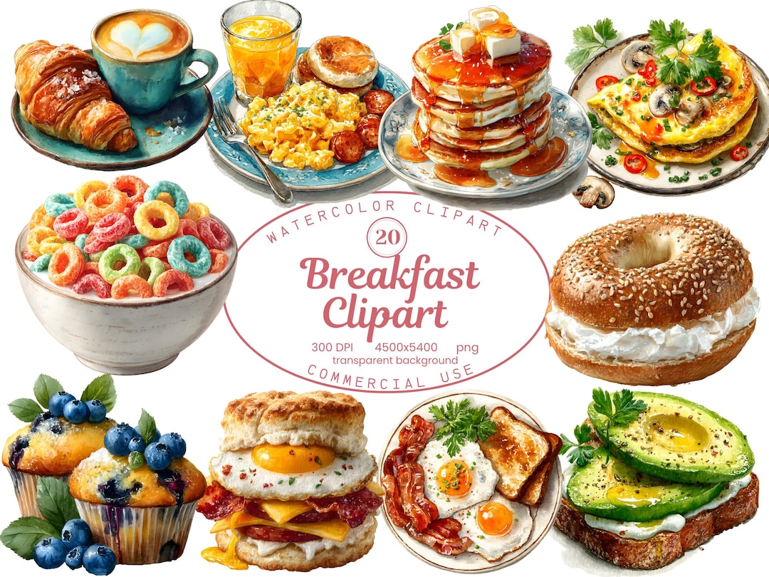 Breakfast Clipart Collection, Watercolor Morning Food 20 PNG, Pancakes ...