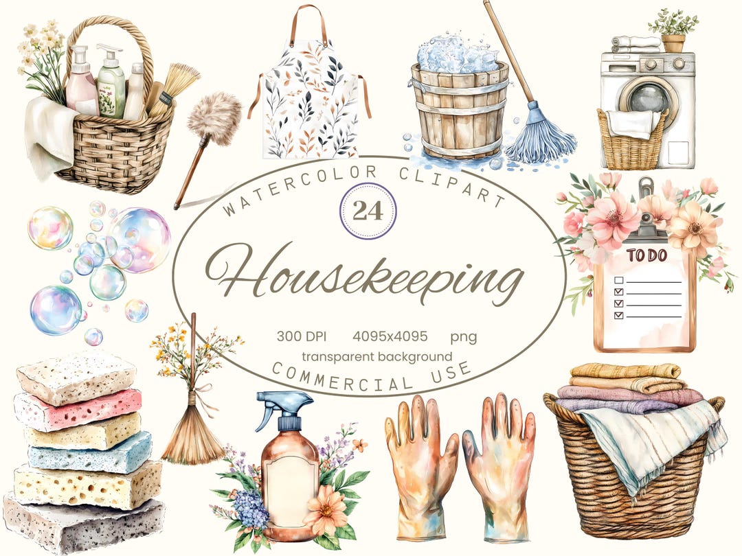 Housekeeping Clip Art Collection, 24 PNG Cleaning, Laundry, Housework ...
