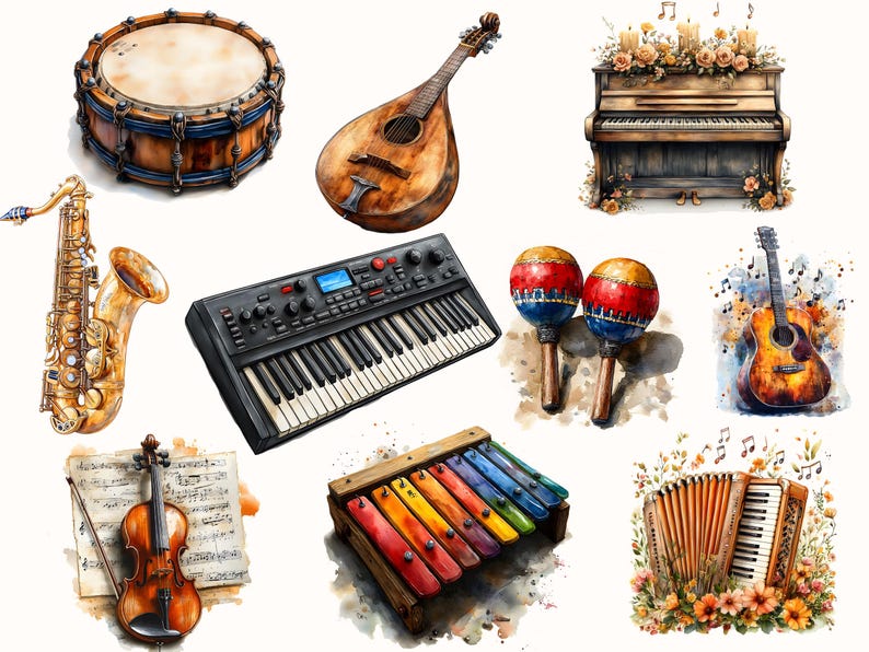 Music Instrument Clipart Collection, Watercolor Musician 20 PNG ...
