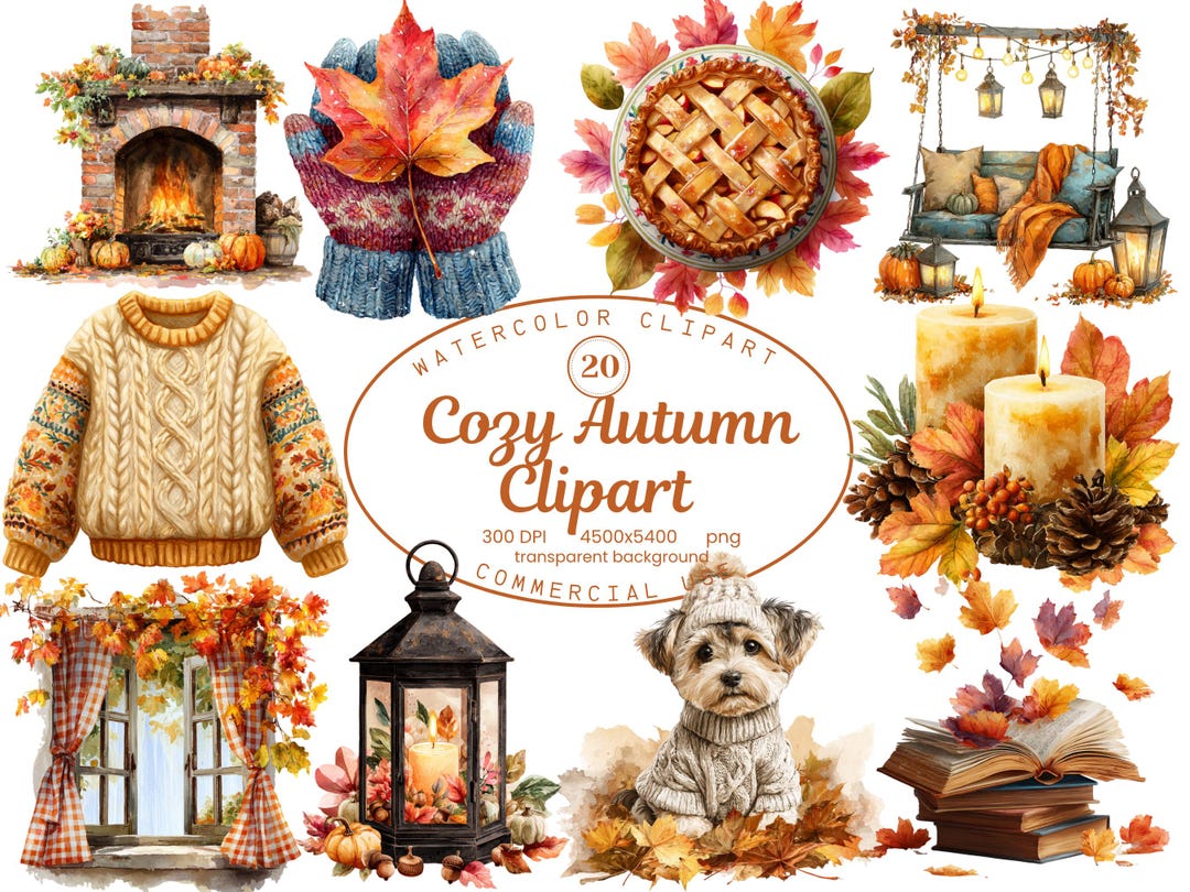 Cozy Autumn Clipart Collection, Watercolor Pumpkins, Books, Candles ...