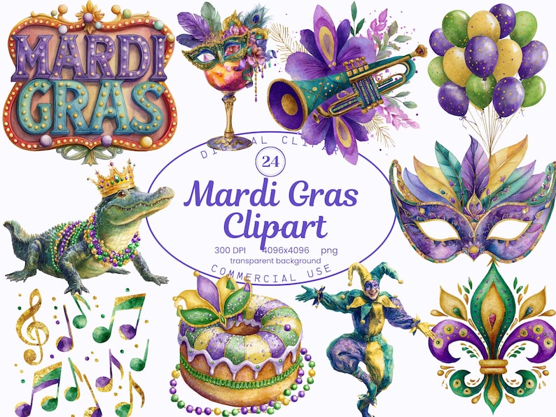 Mardi Gras Clipart Collection, Watercolor Carnaval Celebration 24 PNG ...