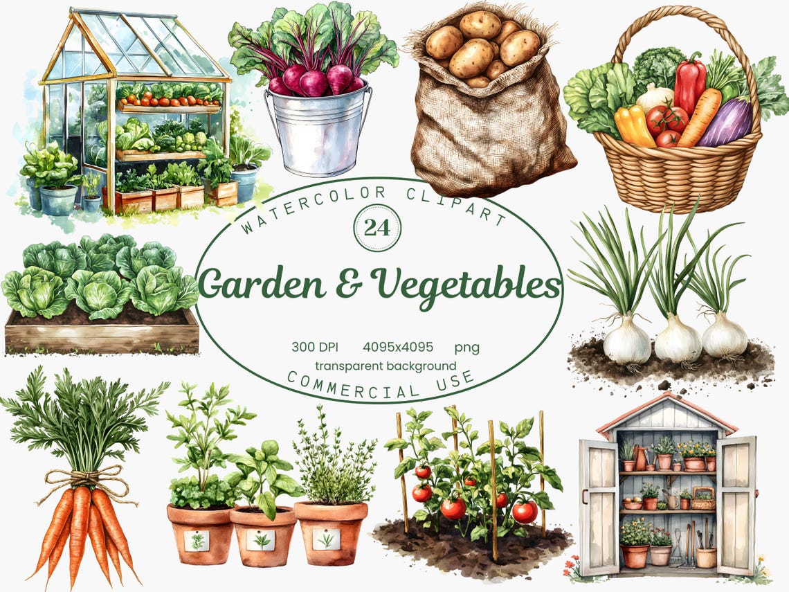 Garden Vegetables Clip Art Collection, Rustic Farm Fresh Watercolor ...
