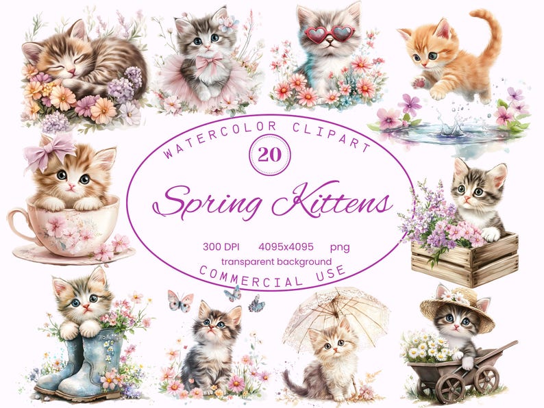 Cute Spring Kittens Clipart Collection With Floral Element, 20 PNG ...