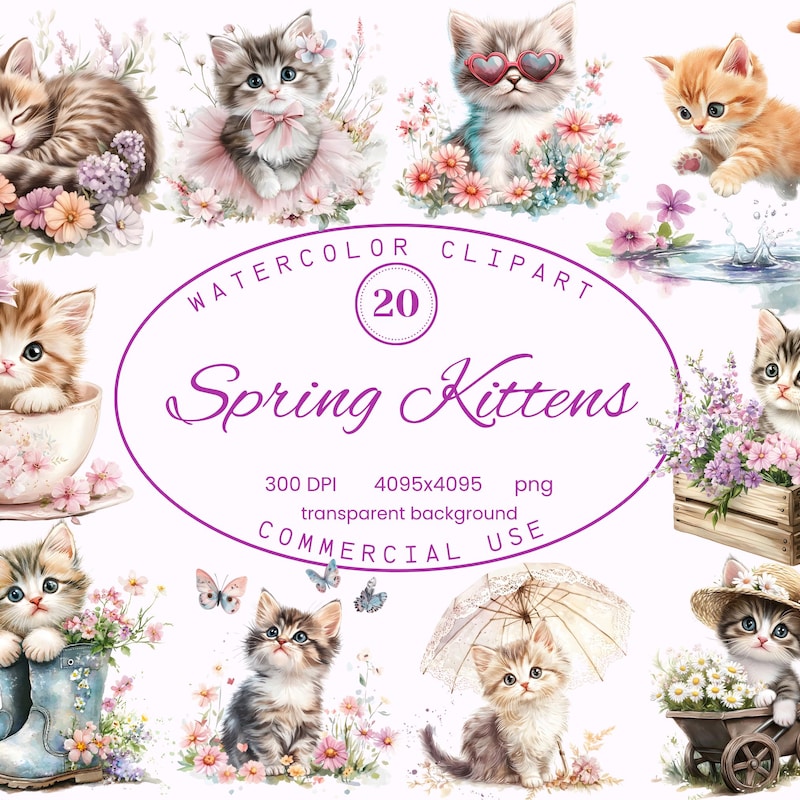 Spring Cat Clipart - Etsy
