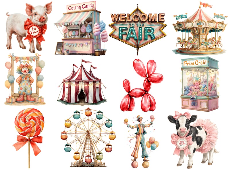 County Fair Clipart Collection, Retro Whimsical Watercolor Carnival ...