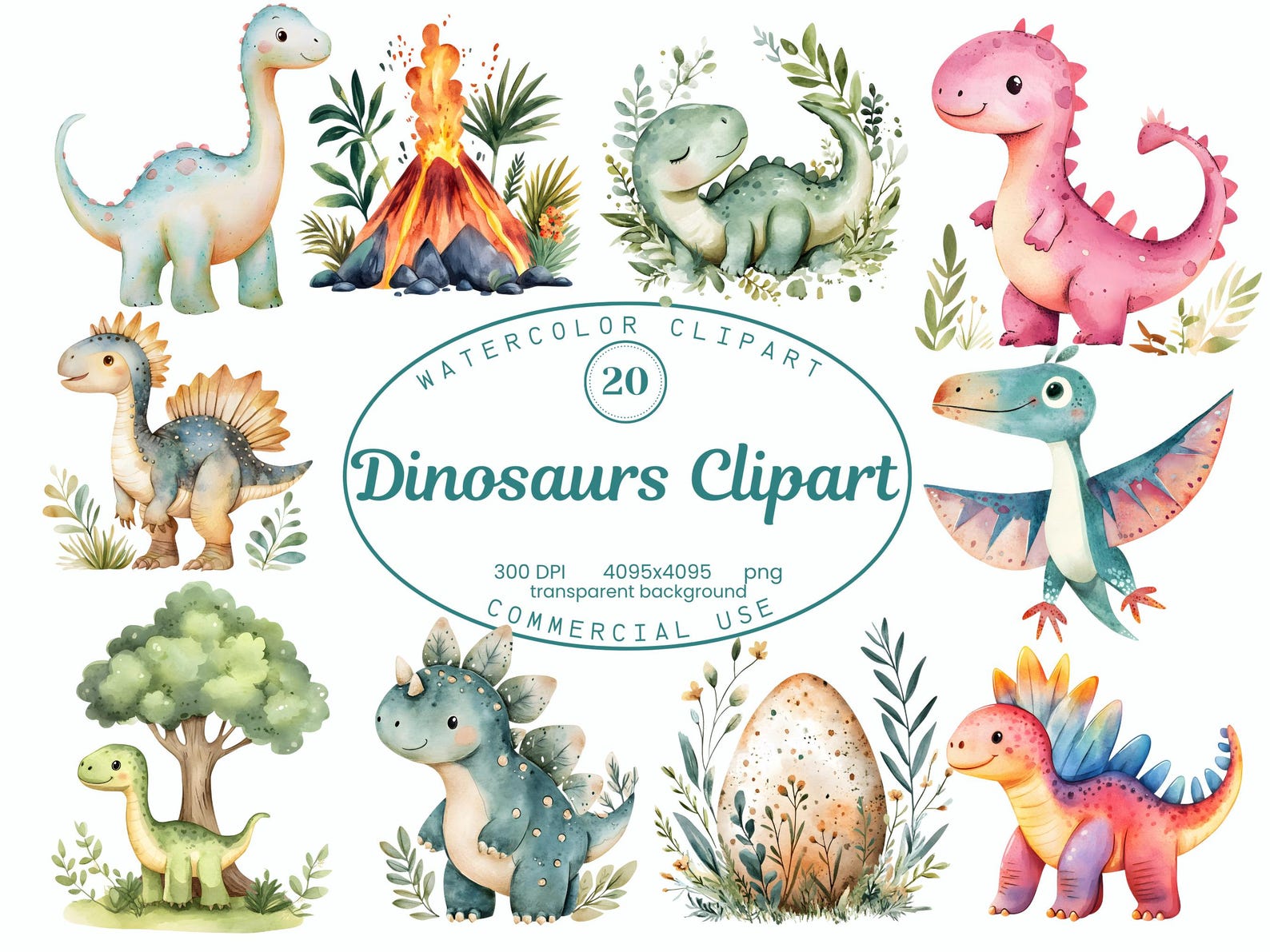 Dinosaurs Clip Art Collection, Cute Cartoon Nursery Decor 20 PNG ...