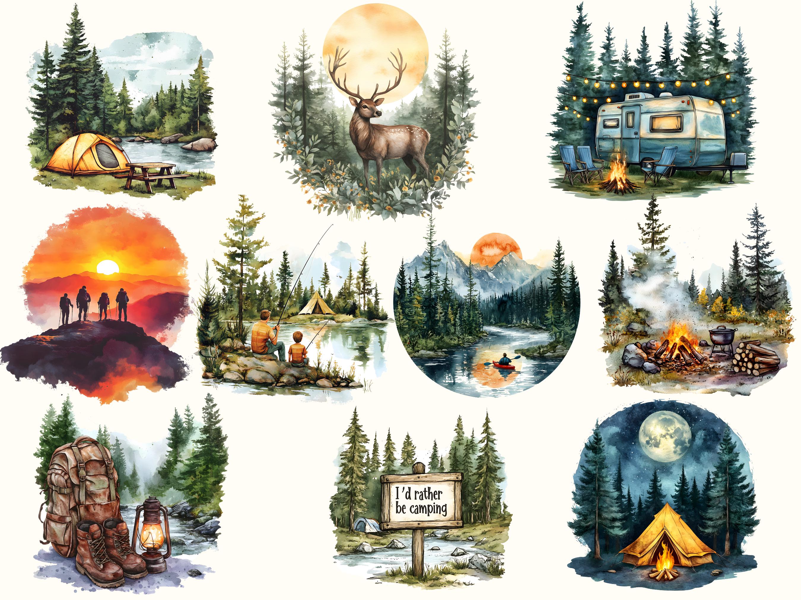 Camping Clipart Collection, Outdoor Adventures Hiking Watercolor ...