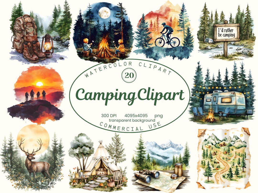Camping Clipart Collection, Outdoor Adventures Hiking Watercolor ...