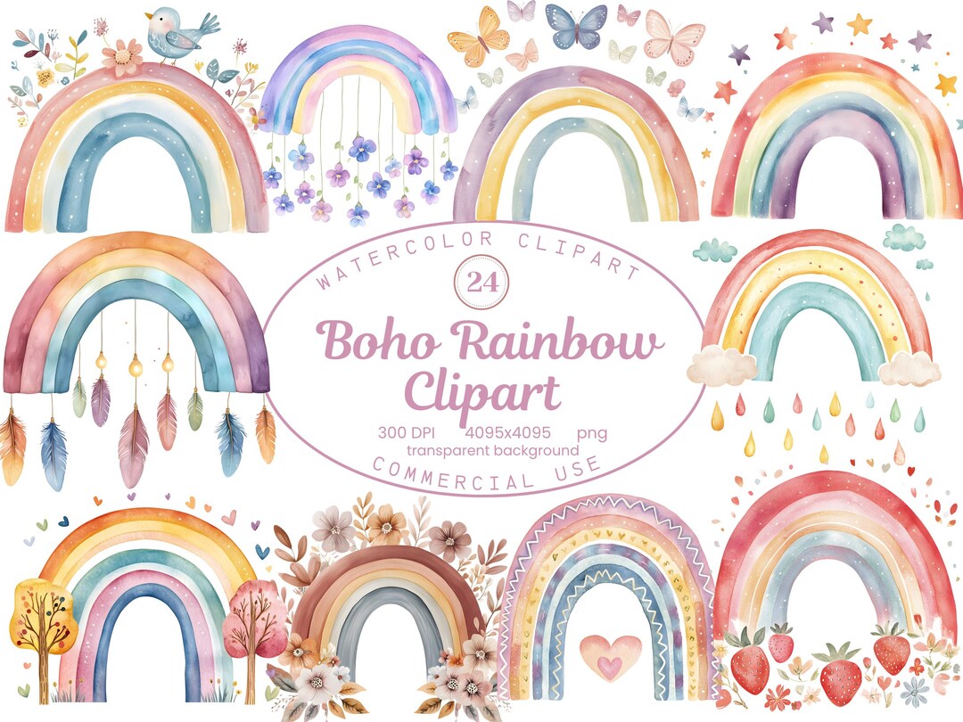 Boho Rainbow Clipart Collection, Pastel Watercolor Nursery Art 24 PNG ...