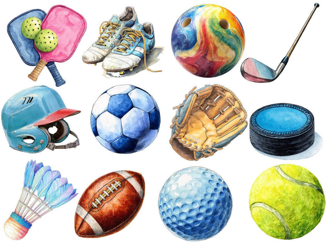 Sport Equipment Clipart Collection, 24 PNG Watercolor Athletic Gear ...