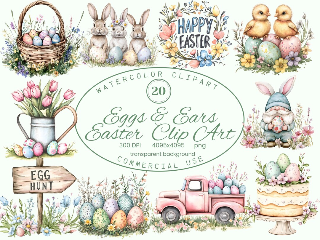 Eggs and Ears Easter Clip Art Collection, Easter Watercolor Holiday 20 ...