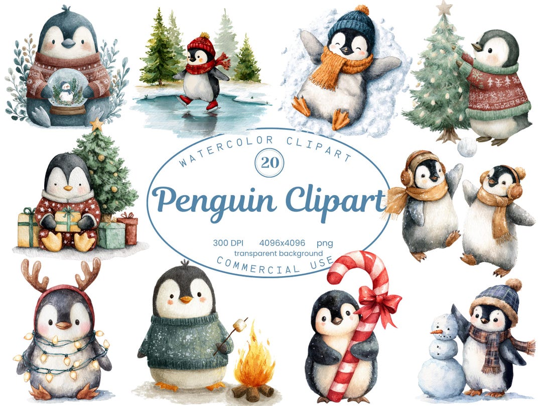 Watercolor Penguin Clipart: Christmas Holiday PNG Images (digital ...