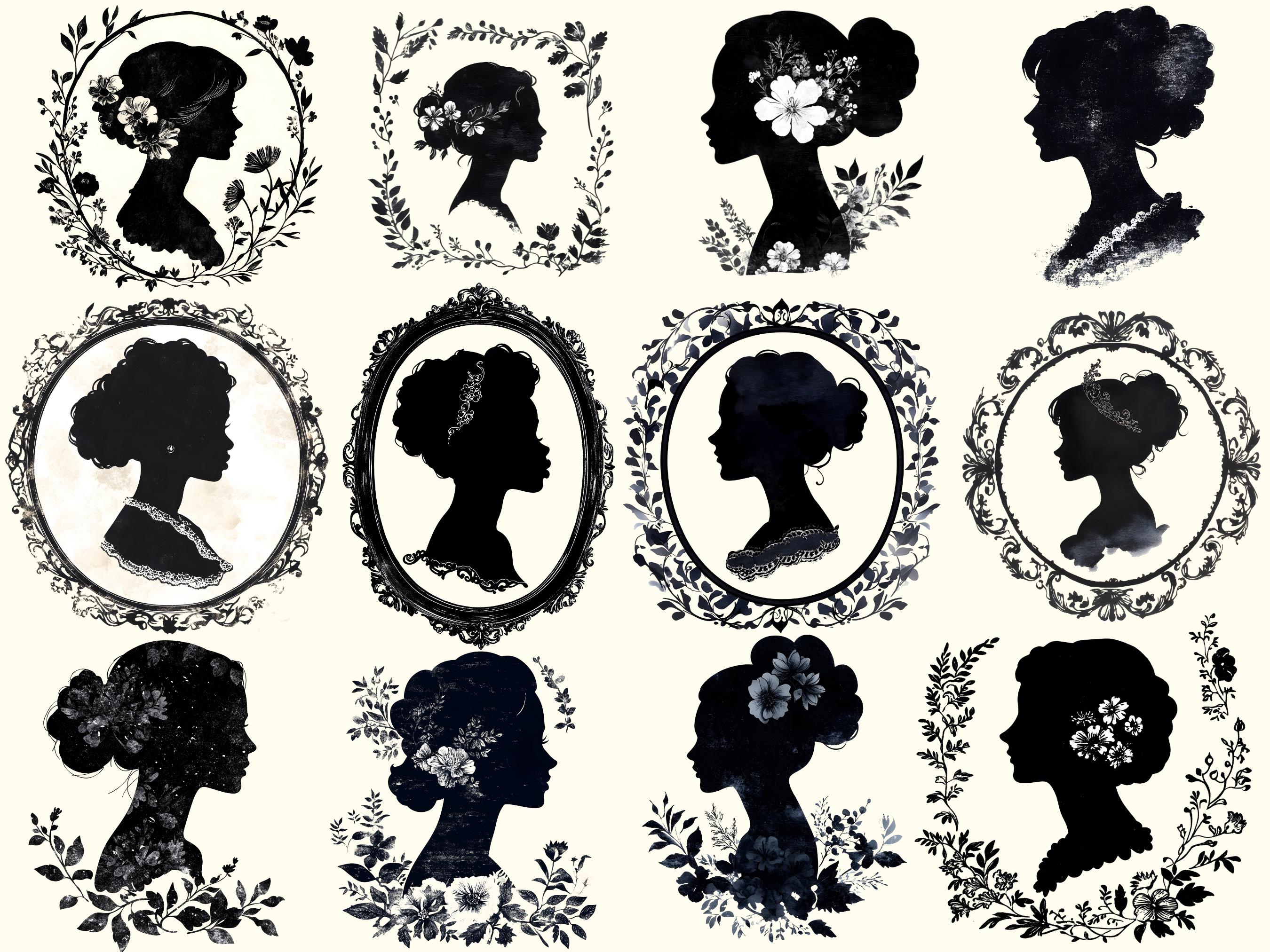 Women Silhouette Clipart Collection, 24 PNG Vintage Picture Frames ...