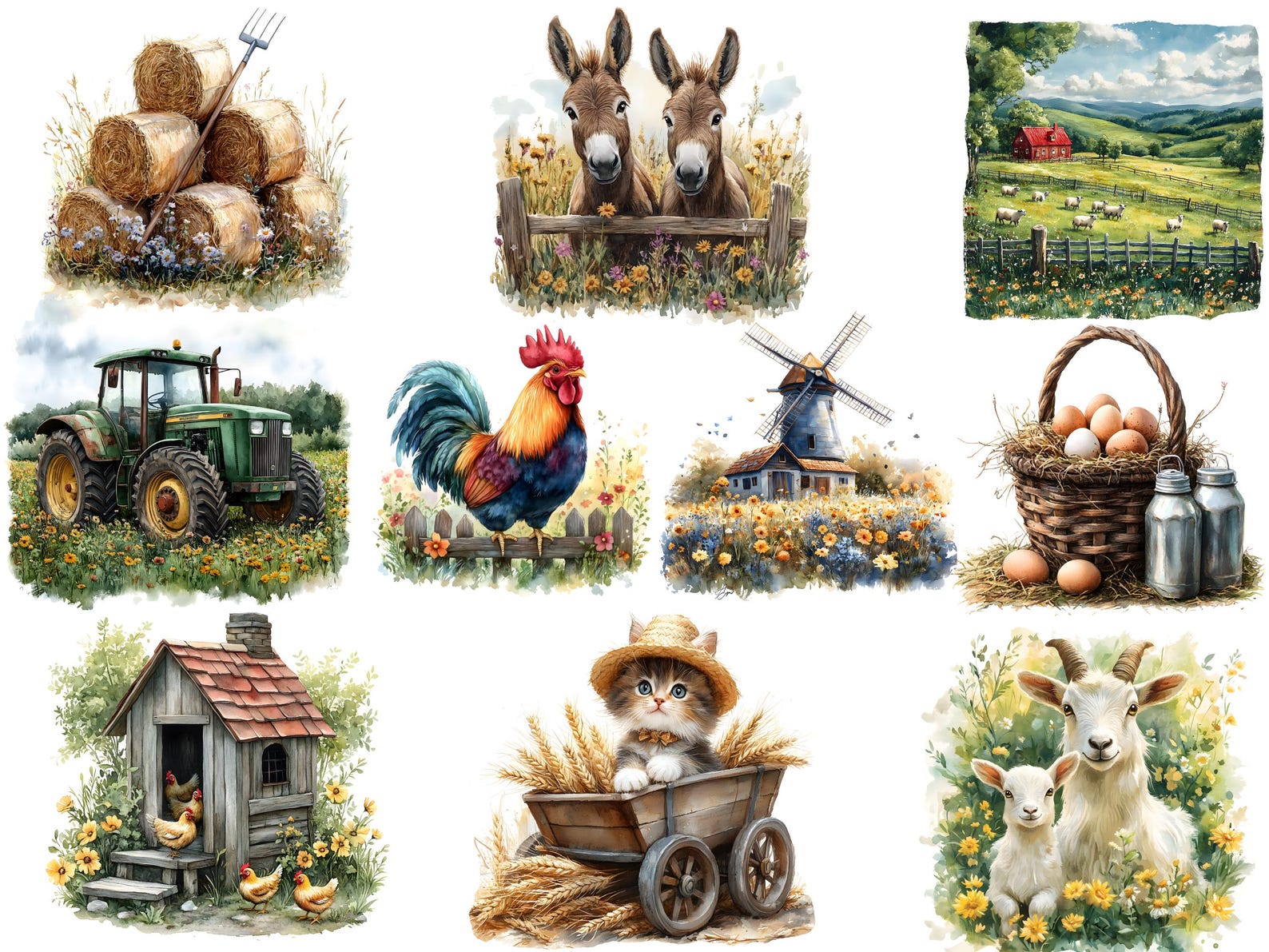 On the Farm Clipart Collection, Rustic Country Homestead, Watercolor ...