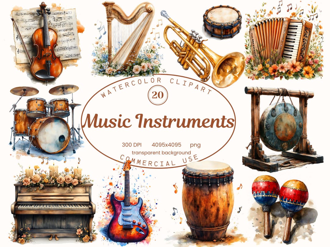 Music Instrument Clipart Collection, Watercolor Musician 20 PNG ...