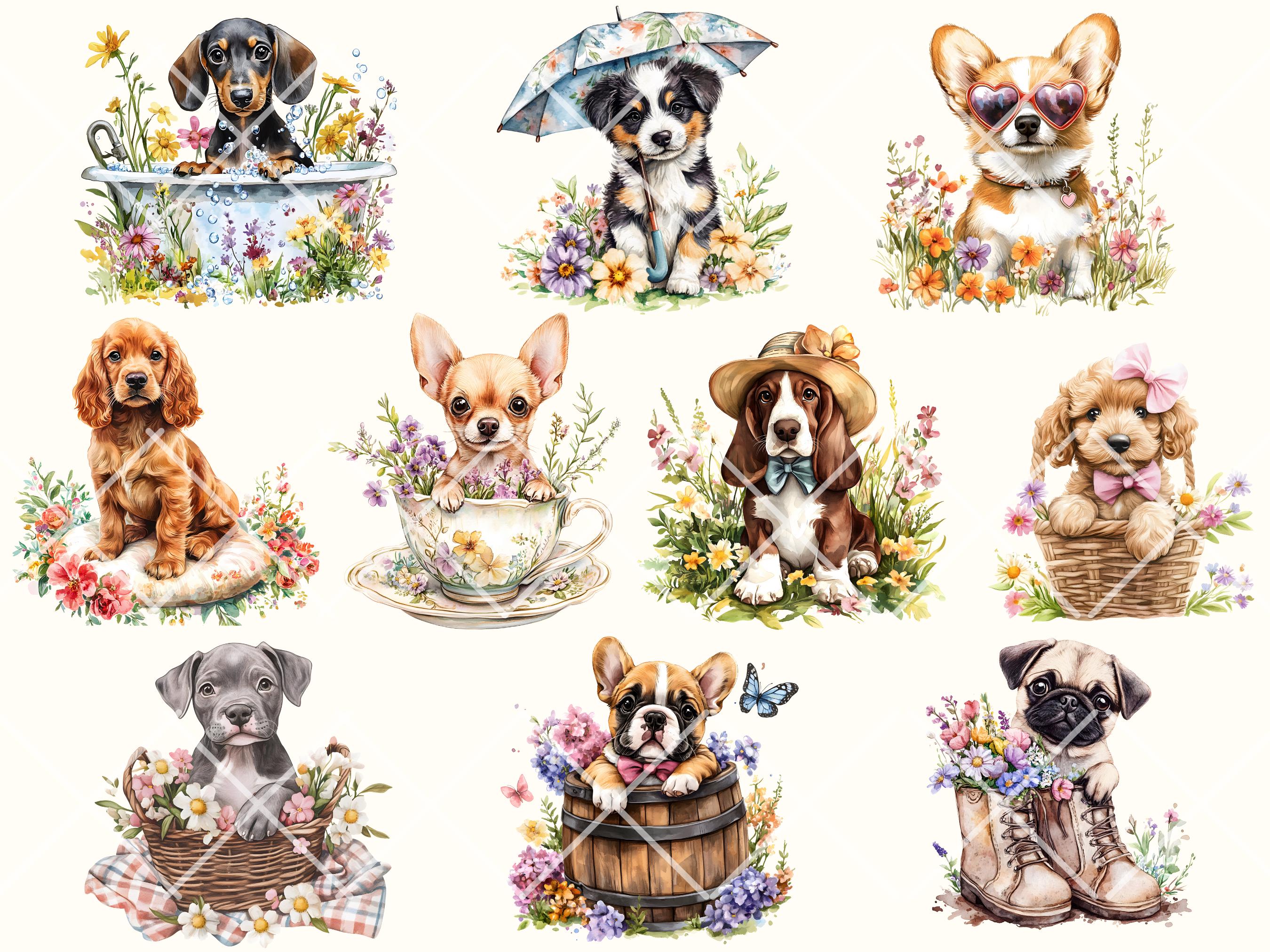 Cute Spring Puppies Clip Art Collection With Floral Element, 20 PNG ...