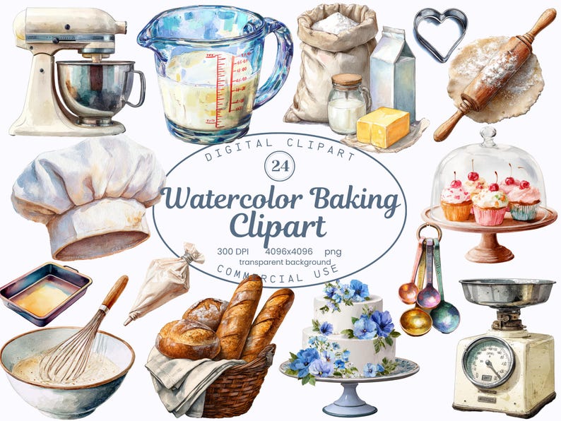 Watercolor Baking Clipart Collection, Digital Cooking Graphics, Kitchen ...