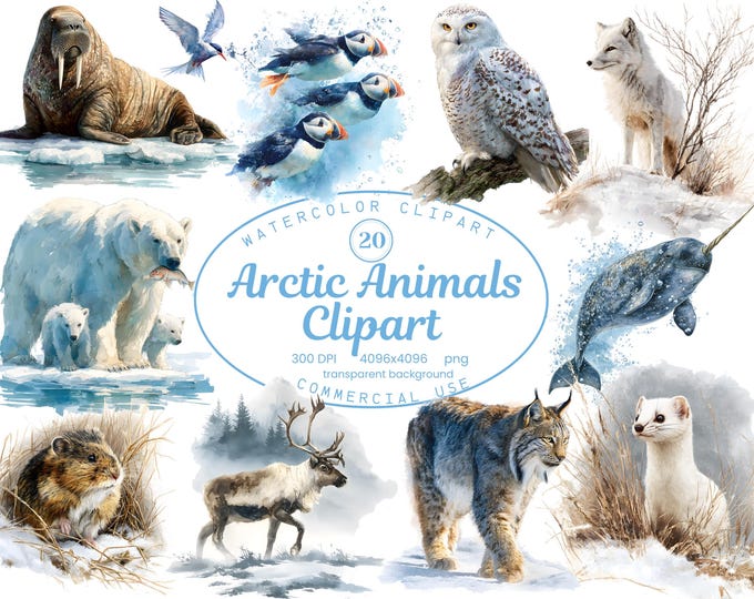 Watercolor Arctic Animal Clip Art, Polar Animals, Reindeer, Bear, Fox ...