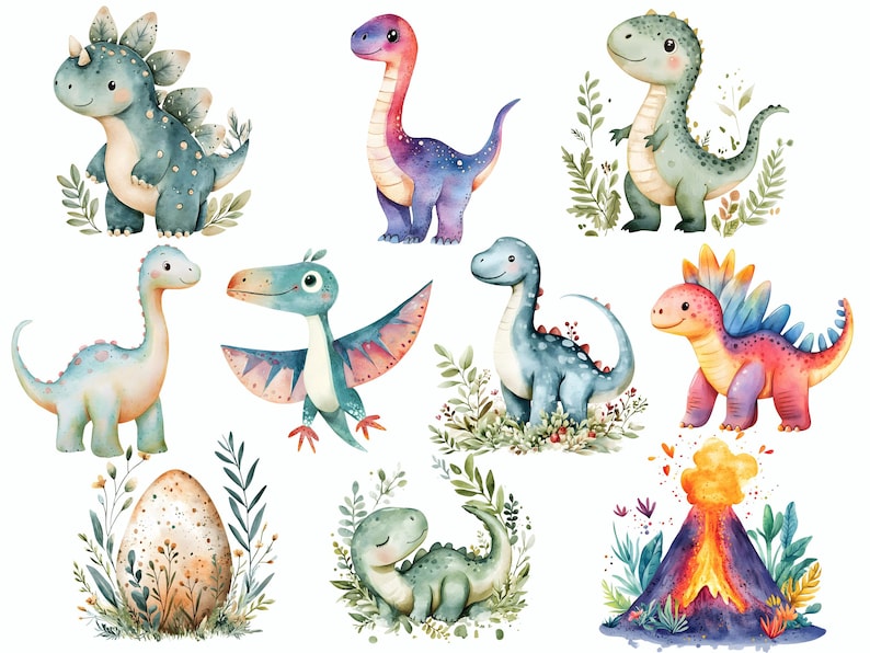 Dinosaurs Clip Art Collection, Cute Cartoon Nursery Decor 20 PNG ...