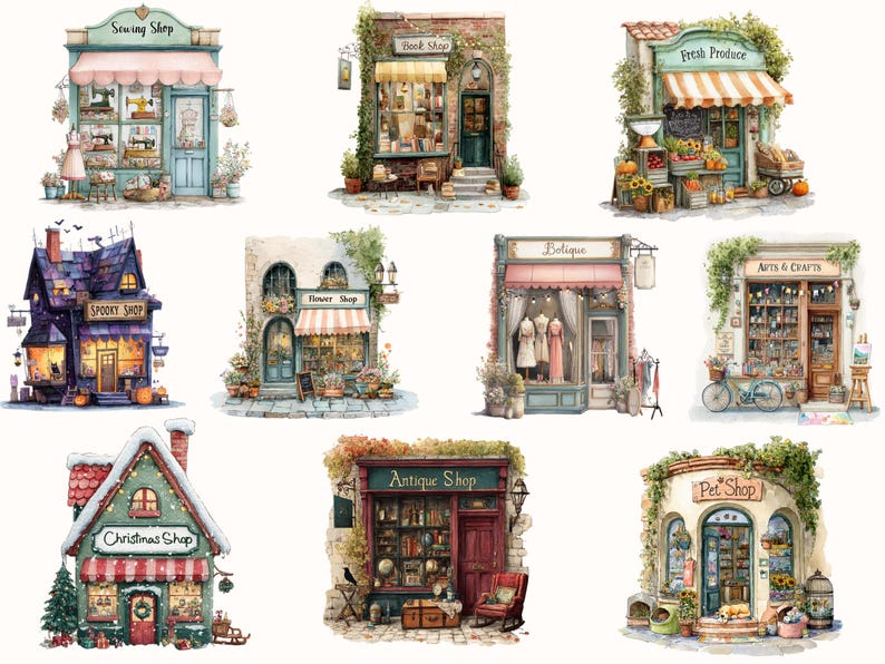 Cute Shop Clipart Collection, Whimsical Watercolor 20 PNG Illustrations ...