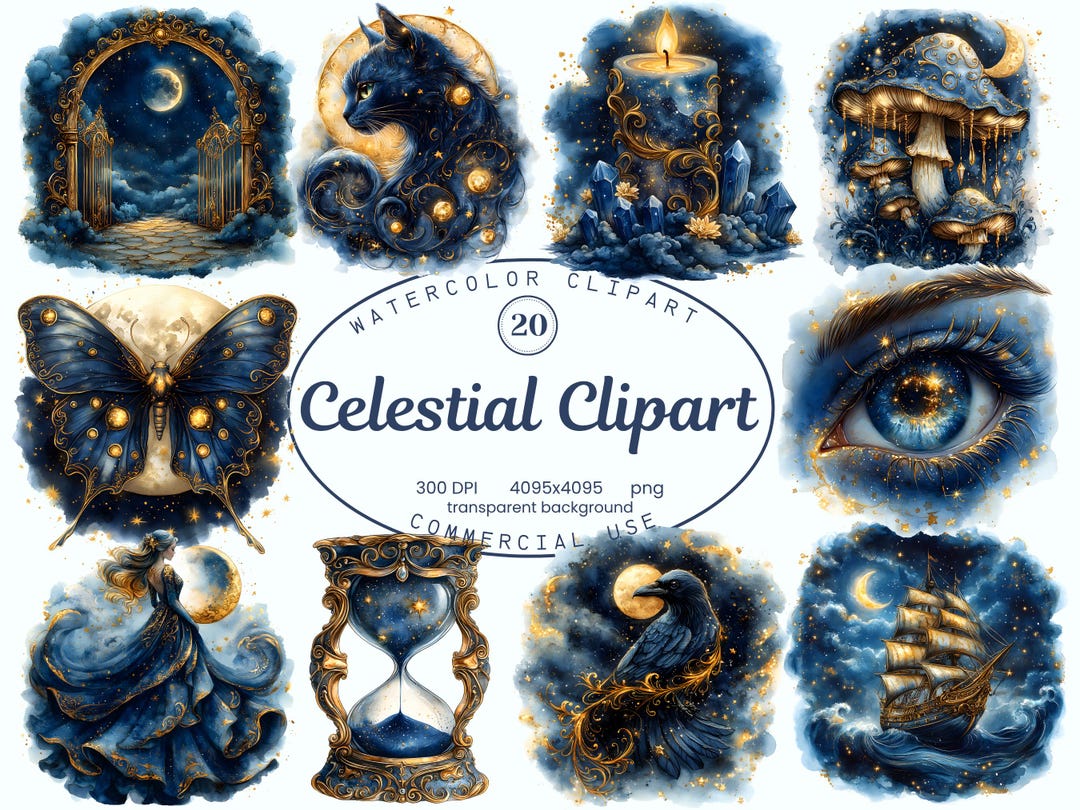 Celestial Clipart Collection, Moon and Stars 20 PNG Illustrations ...