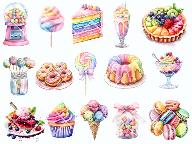 Pastel Rainbow Desserts Clip Art Collection, Sweet Treats 30 PNG ...