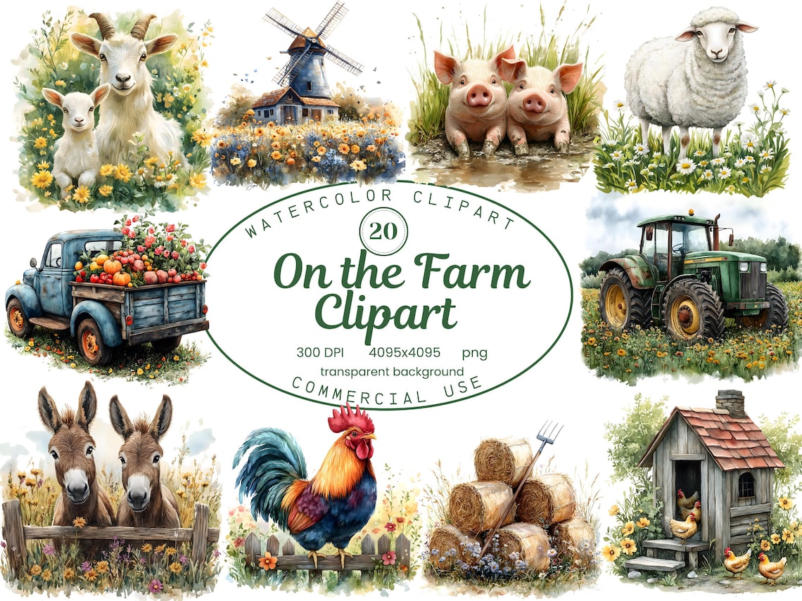 On the Farm Clipart Collection, Rustic Country Homestead, Watercolor ...