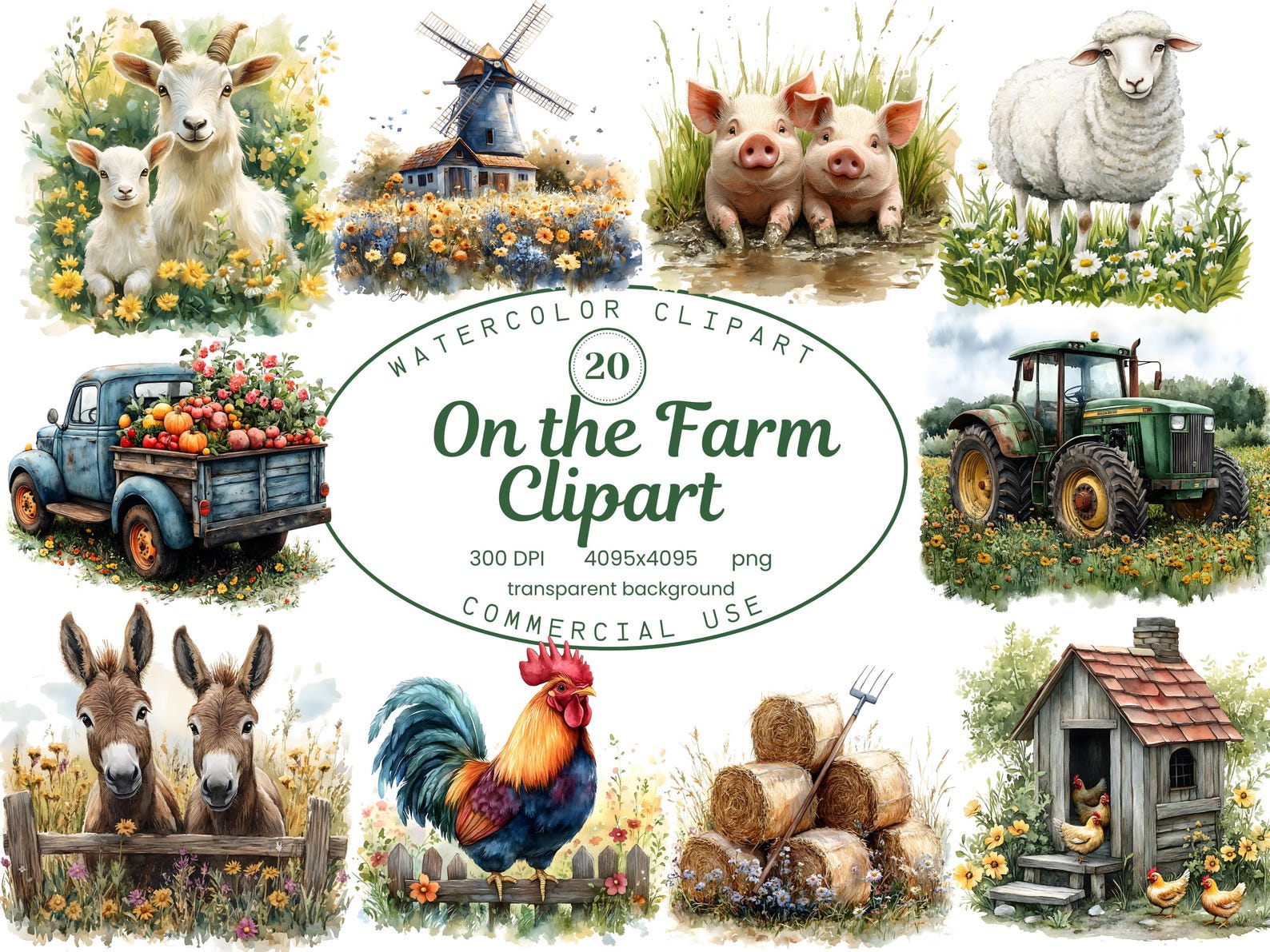 On the Farm Clipart Collection, Rustic Country Homestead, Watercolor ...