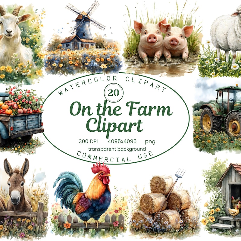 Watercolor Farm Clipart - Etsy