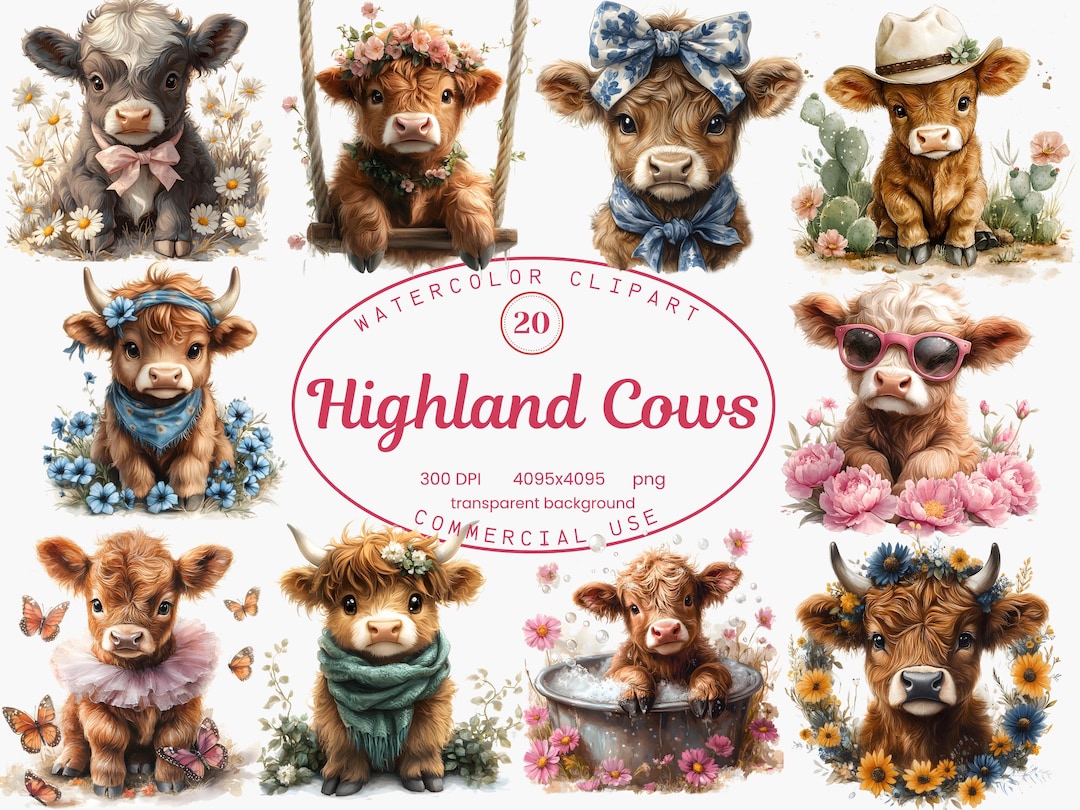 Highland Cow Clip Art Collection, Cute Baby Cow Watercolor 20 PNG ...
