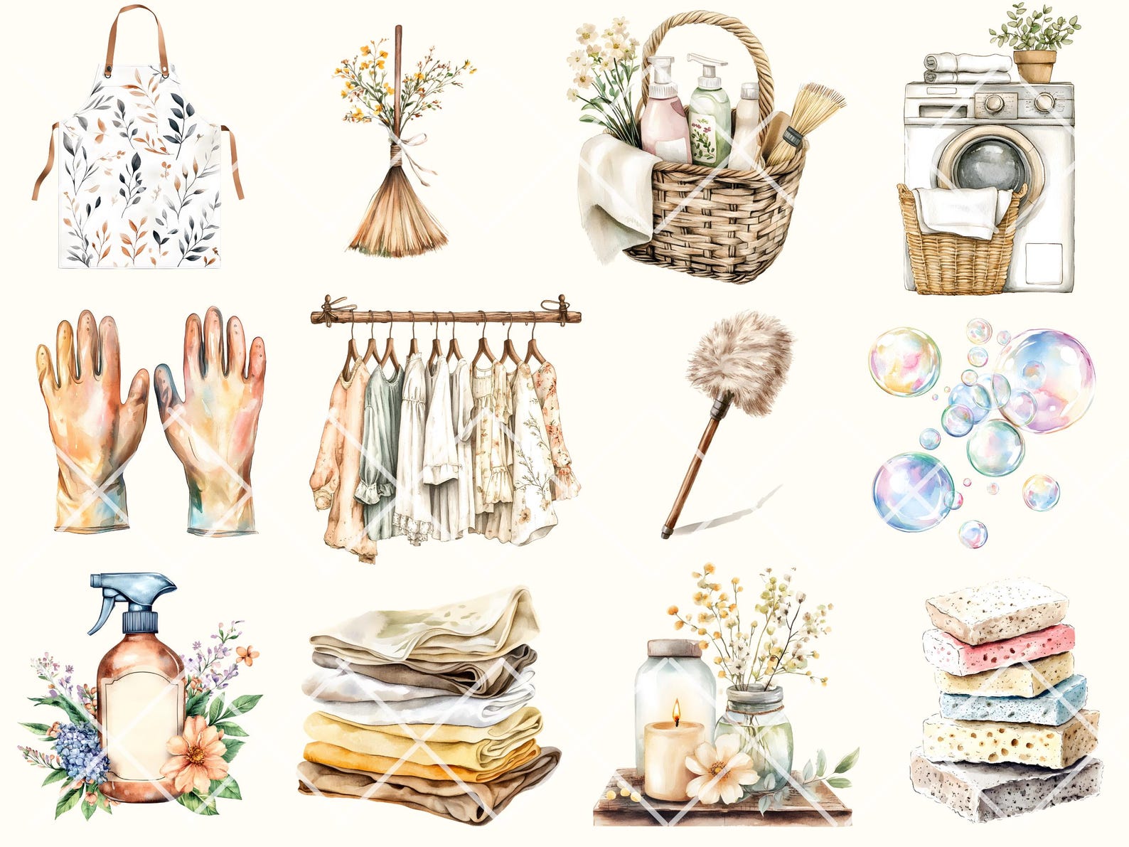 Housekeeping Clip Art Collection, 24 PNG Cleaning, Laundry, Housework ...