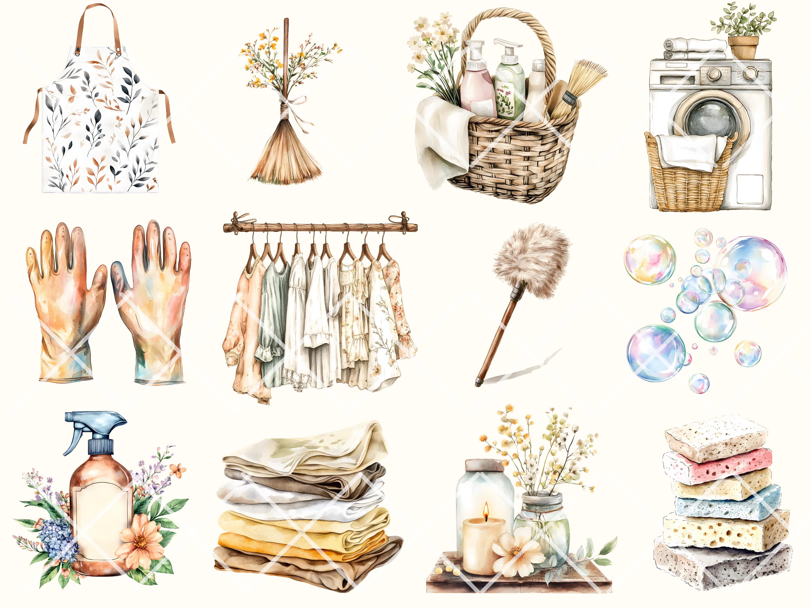 Housekeeping Clip Art Collection, 24 PNG Cleaning, Laundry, Housework ...