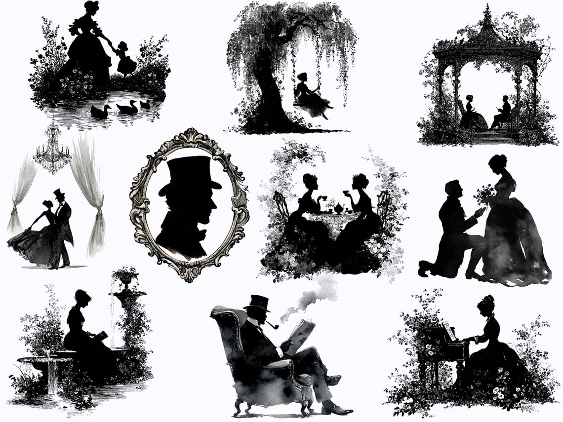 Victorian Silhouettes Clipart Collection, 20 PNG Victorian Vintage ...