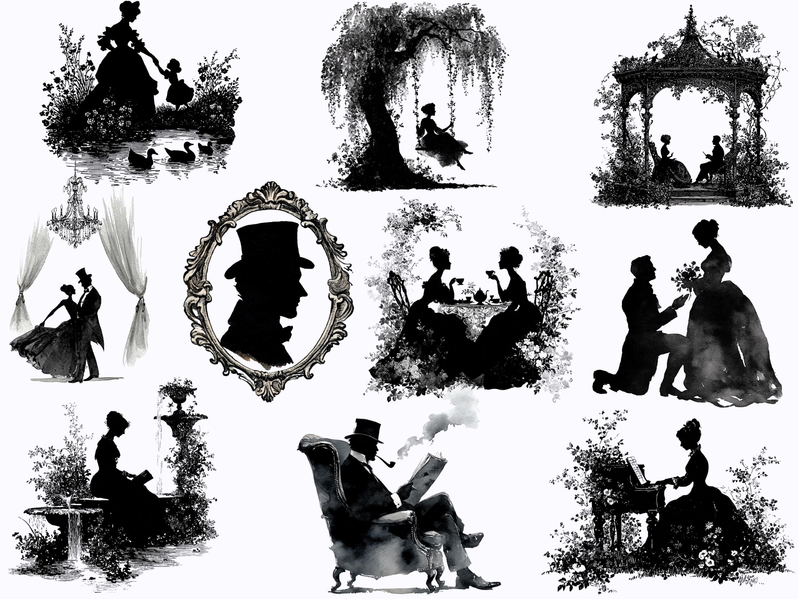 Victorian Silhouettes Clipart Collection, 20 PNG Victorian Vintage ...