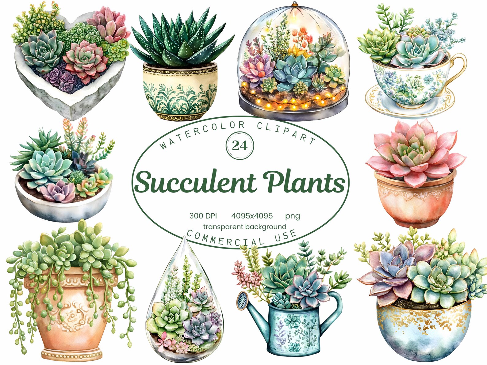 Succulent Plants Clip Art Collection, 24 PNG Cactus Boho Illustrations ...