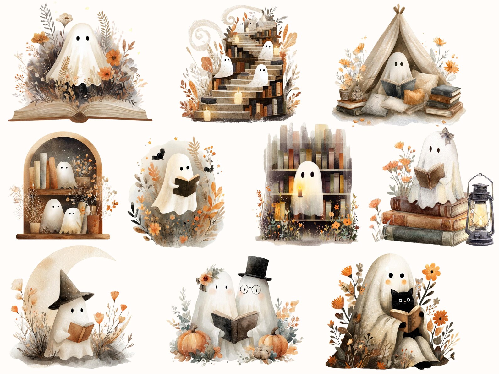 Bookish Ghost Clipart Collection, Watercolor Reading Ghouls, Halloween ...
