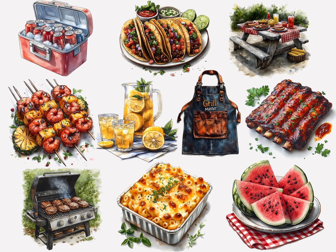 BBQ Grill Party Clipart Collection, Watercolor Food 20 PNG ...