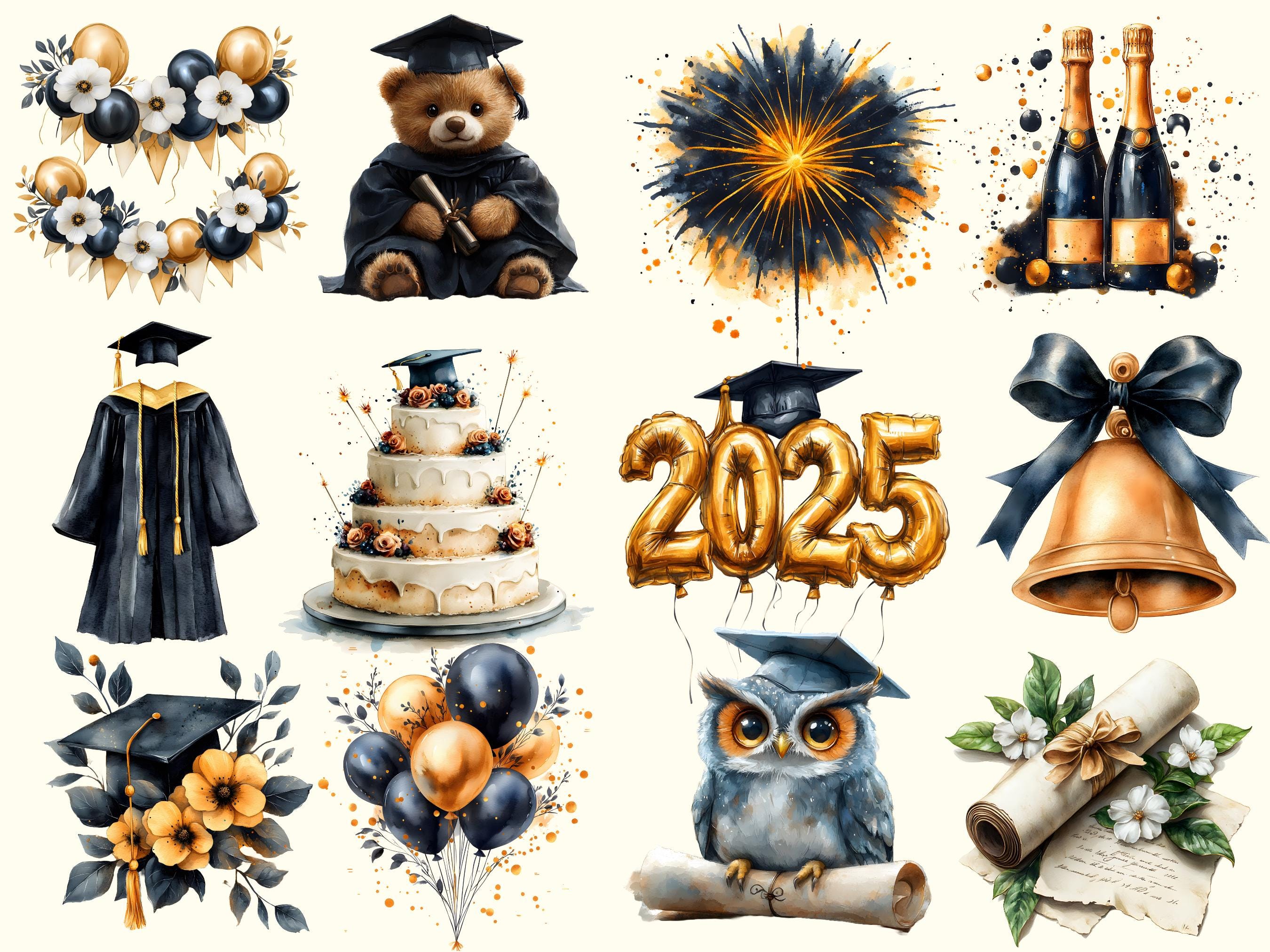 Graduation Clip Art Collection, Watercolor Grad Floral 24 PNG ...