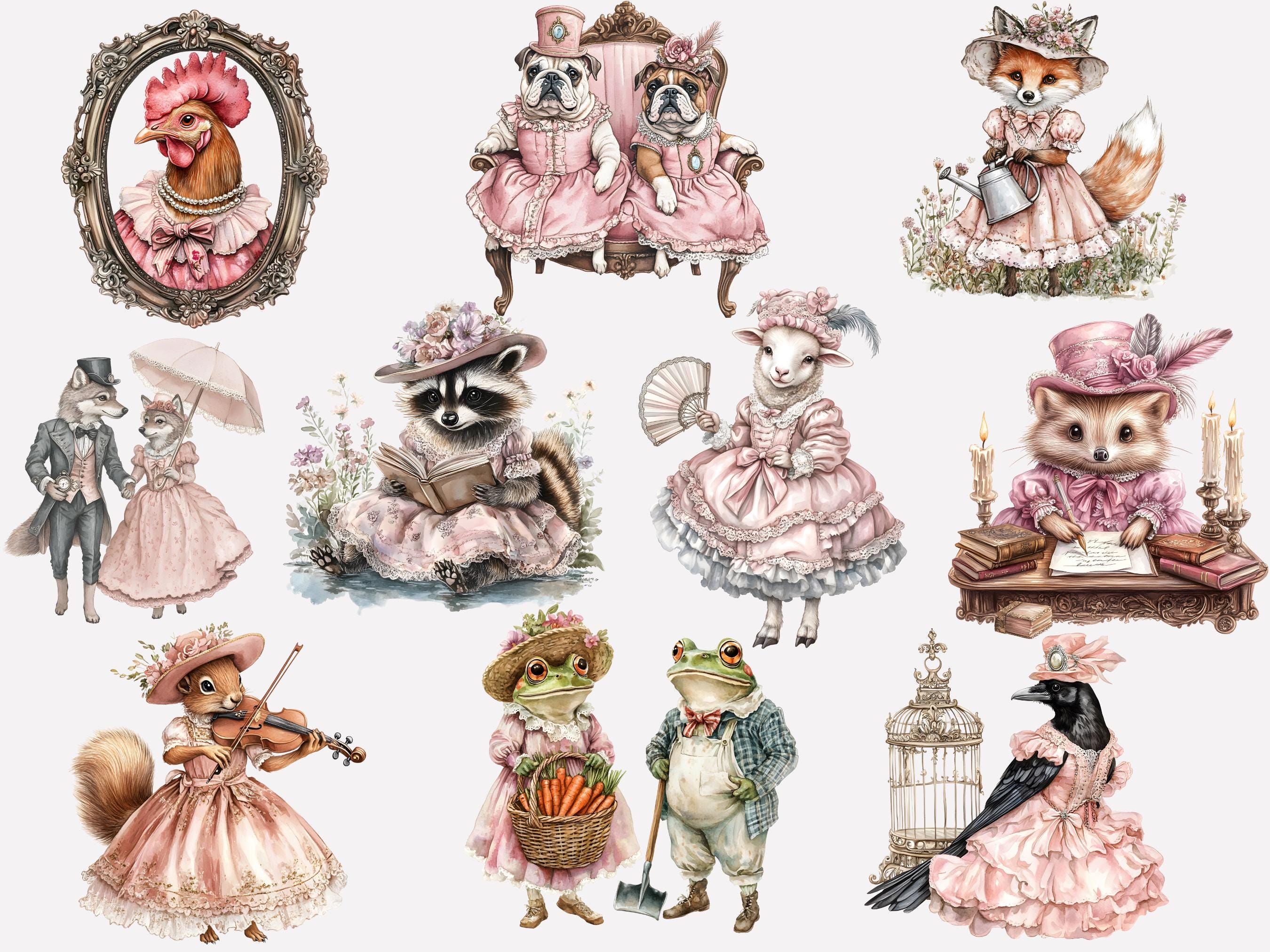 Victorian Era Animals Clipart Collection, Baroque Watercolor 20 PNG ...